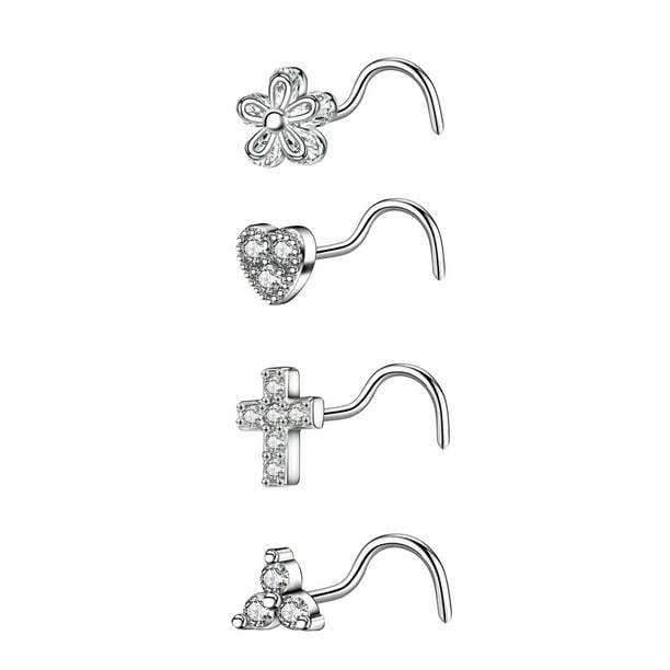 ZS 20G 4Pcs CZ Nose Studs Cross Heart Flower Corkscrew Nose Rings ...