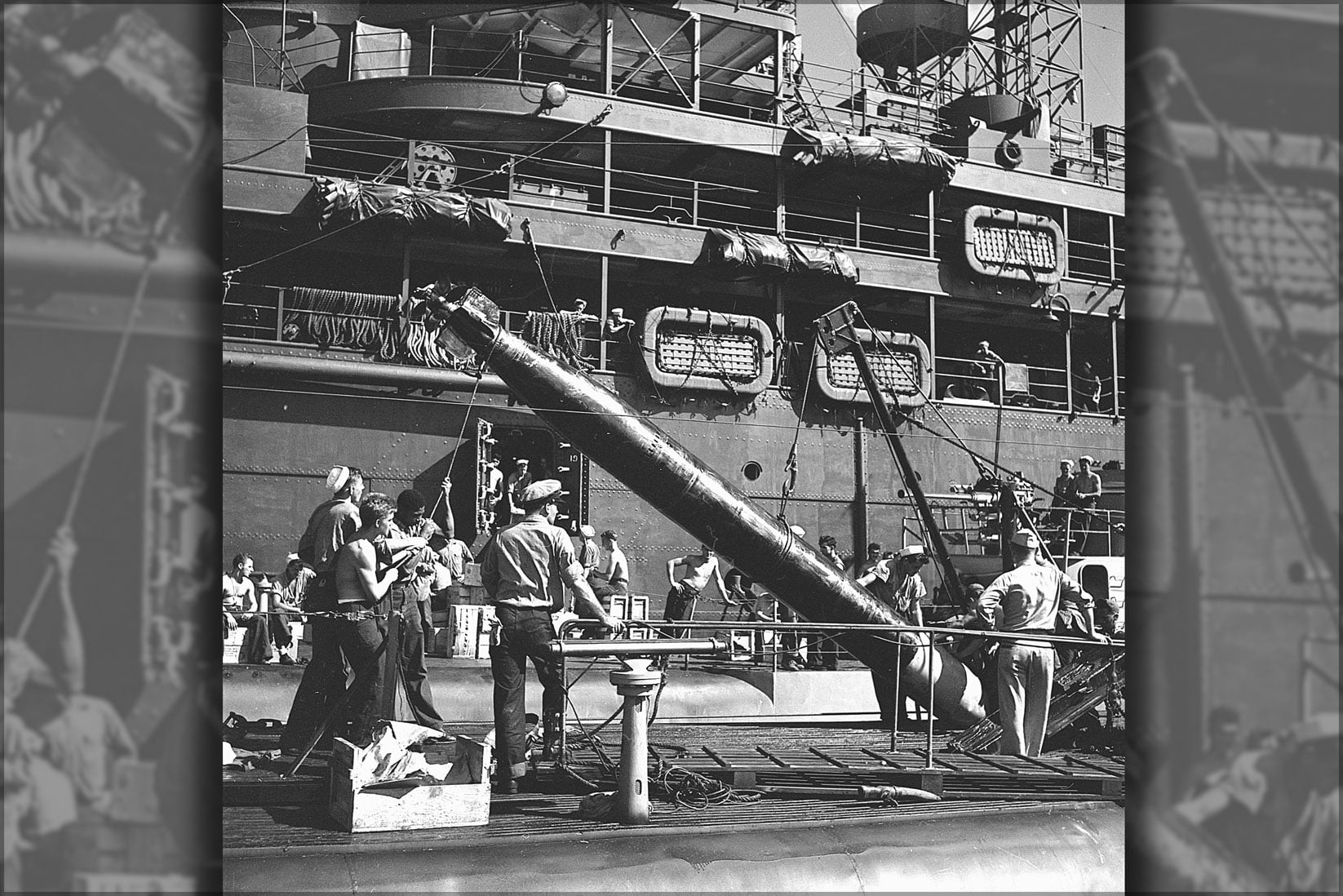 24"x36" Gallery Poster, Crewmen transferring a torpedo from a submarine ...