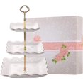 3-Tier Square Porcelain Cake Stand, White Rimmed with Gold Embossed ...