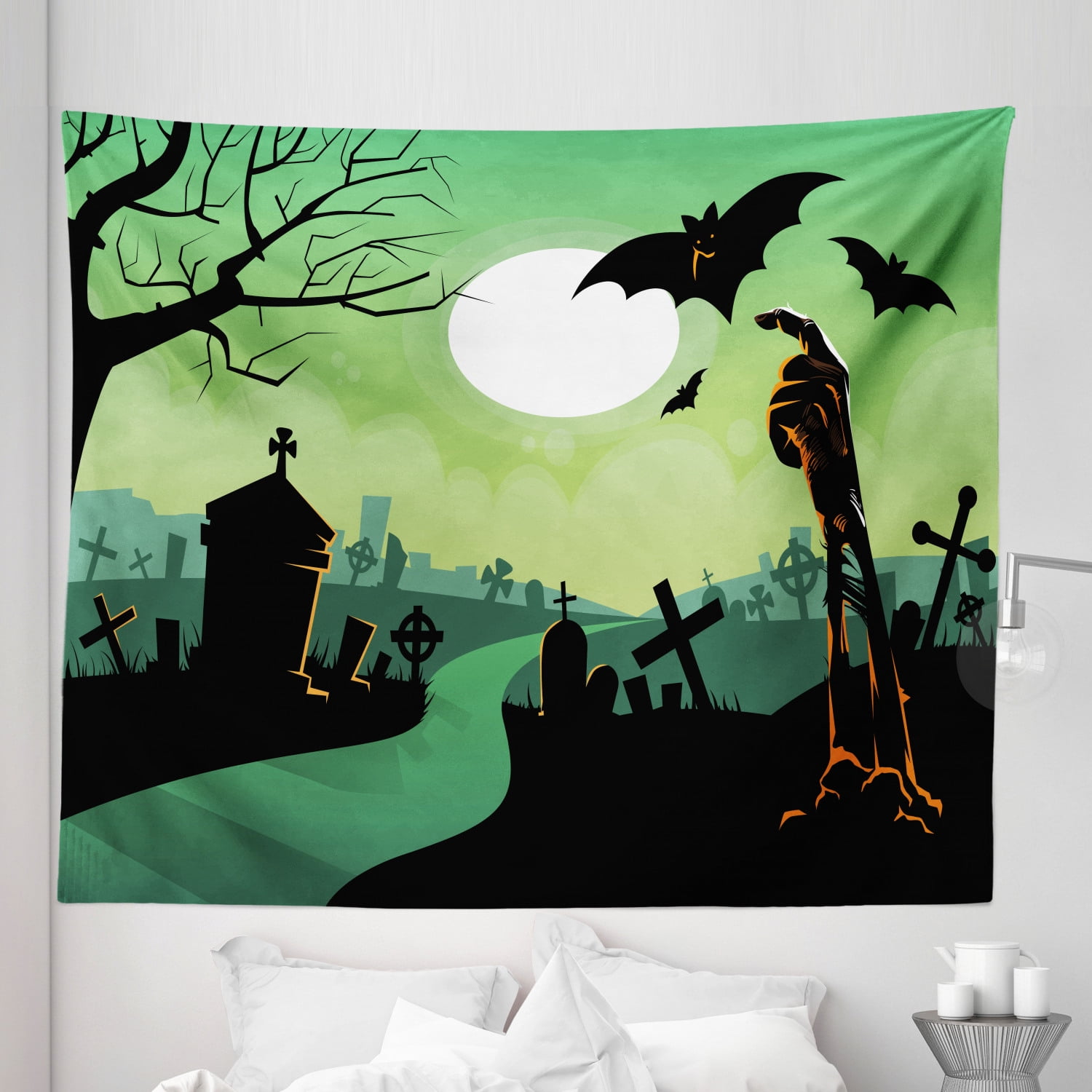 Halloween Tapestry, Cemetery Scene with Zombie Hand Through Ground Tomb ...