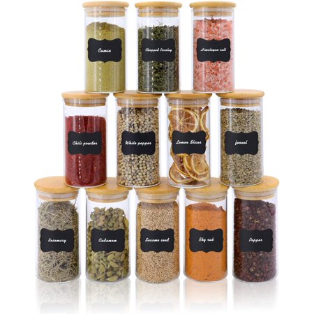 Glass Spice Jars with Labels, 12PCS 8 OZ Spice Containers with Bamboo ...