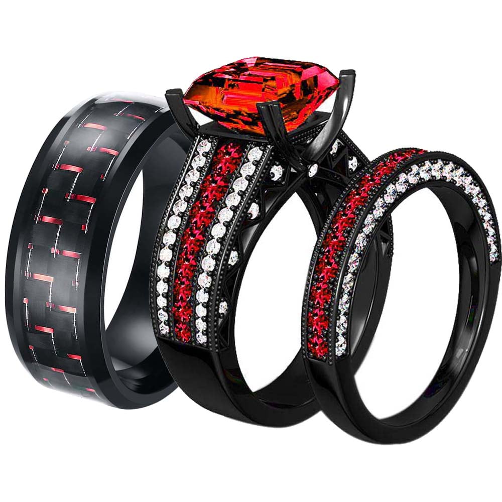 Matching Ring Couple Rings Black Gold Plated 1.5CT Red CZ Women Wedding ...