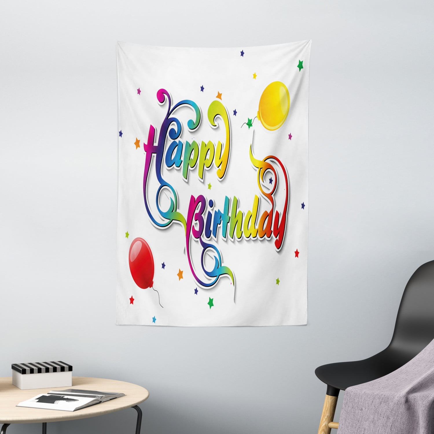 Birthday Decorations Tapestry, Happy Birthday Words with Floral Swirled ...