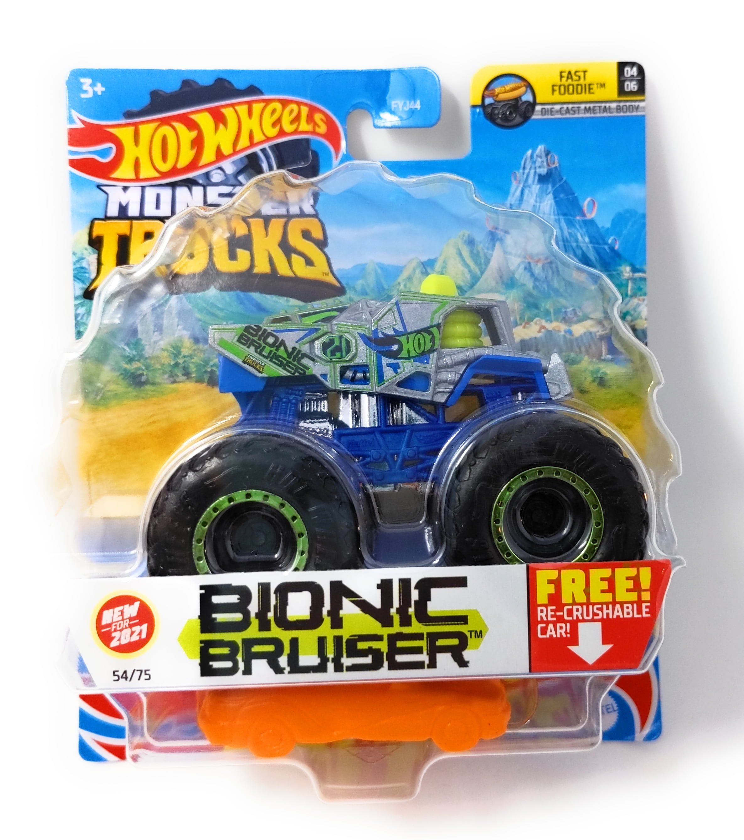 Hot Wheels Monster Trucks Bionic Bruiser with Re-Crushable Car ...