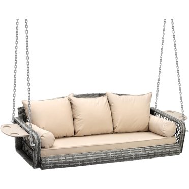 3-Person Wicker Porch Swing, Heavy-Duty 800 LBS 69-Inch Hanging Bench ...