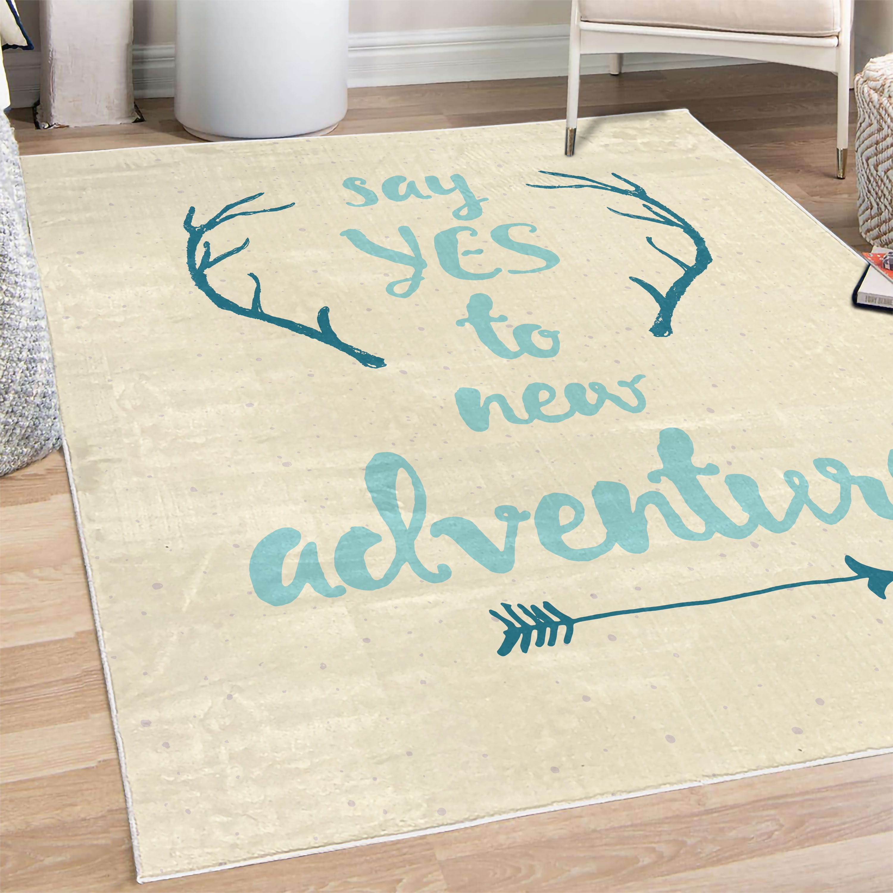 Adventure Decorative Rug, Calligraphic Words Antlers and Arrow on ...