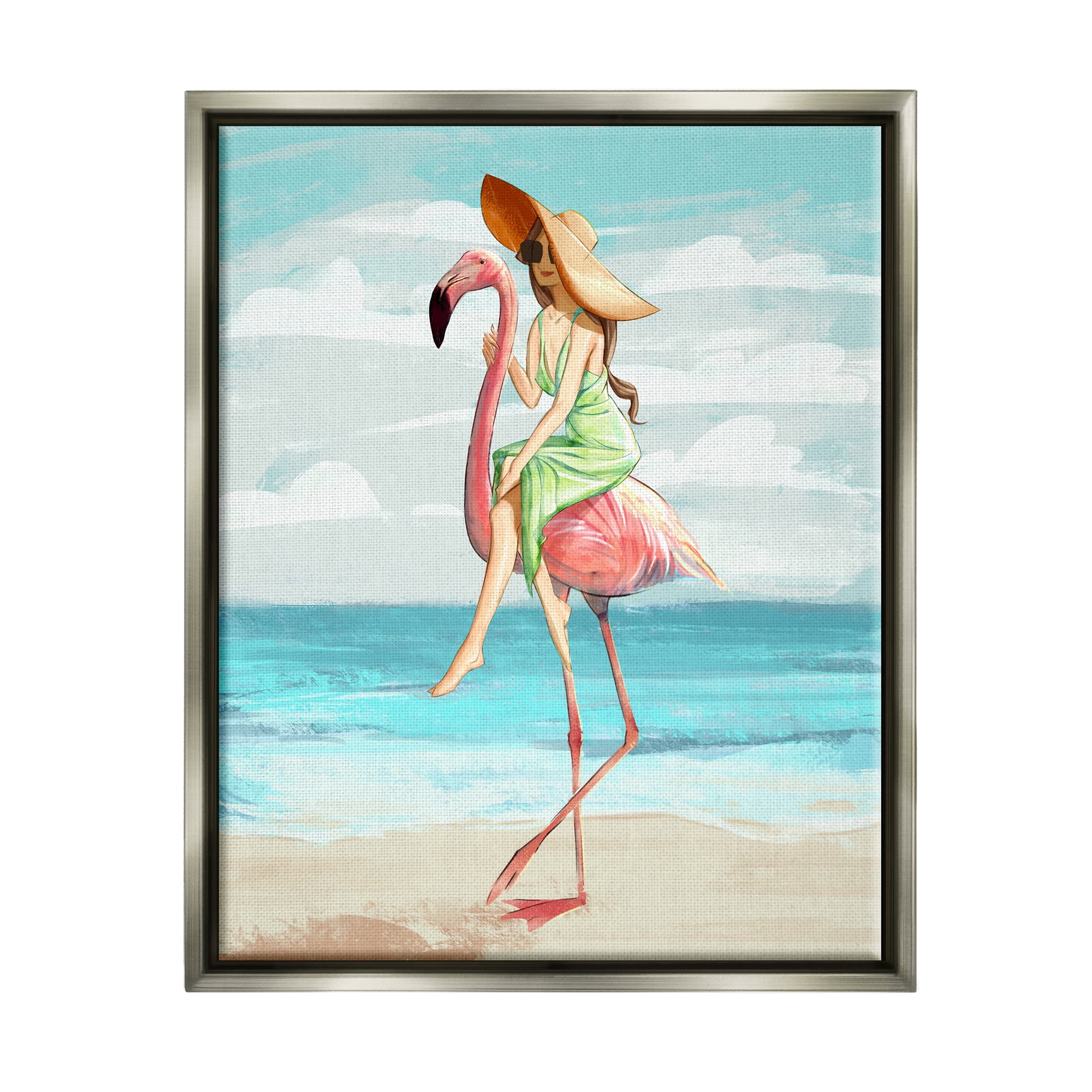 Stupell Industries Beach Woman Riding Pink Flamingo Tall Tropical Bird ...