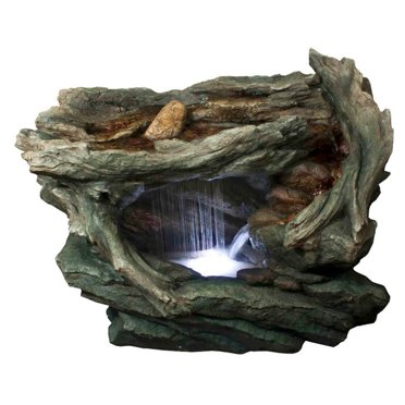 24.5" LED Lighted Brown Raised Stone Basin Spring Outdoor Garden Water ...