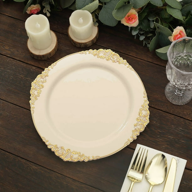 Efavormart 10 Pack | 10" Round Plastic Dinner Plates In Vintage Ivory ...