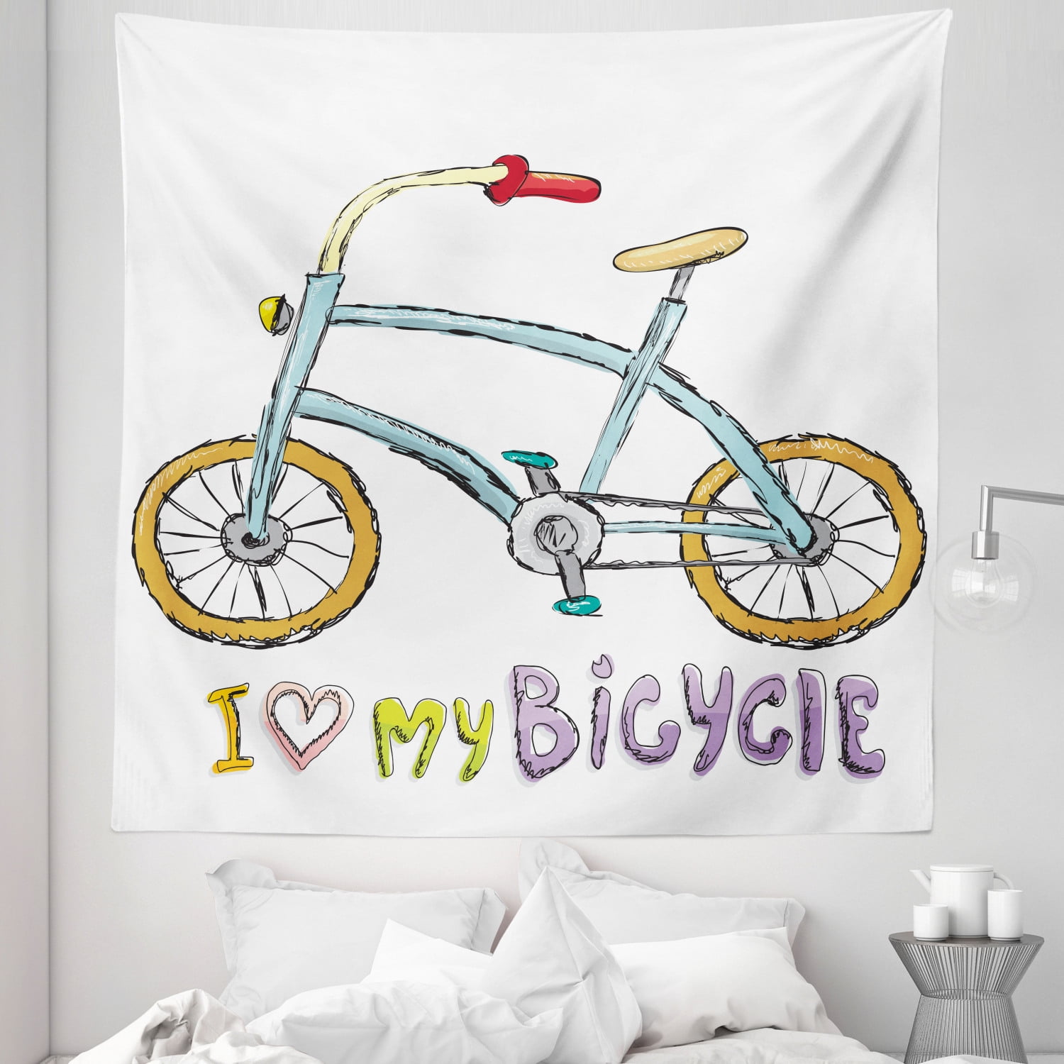 Cartoon Tapestry, I Love My Bicycle Words Print a Little Bike Pedals ...
