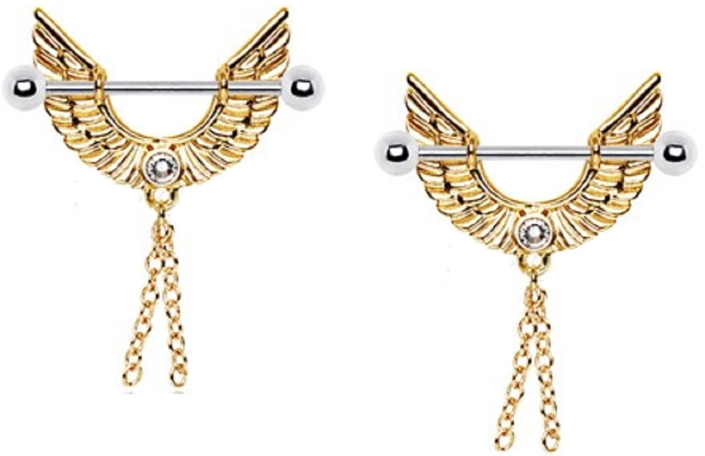 Nipple Shield Rings barbell Gold Plated Angel Wing Chains pair 14 gauge ...