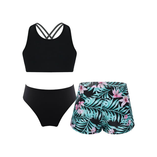 renvena Kids Girls Tankini Swimsuits Floral Lace 3 Piece Swimwear Cross ...