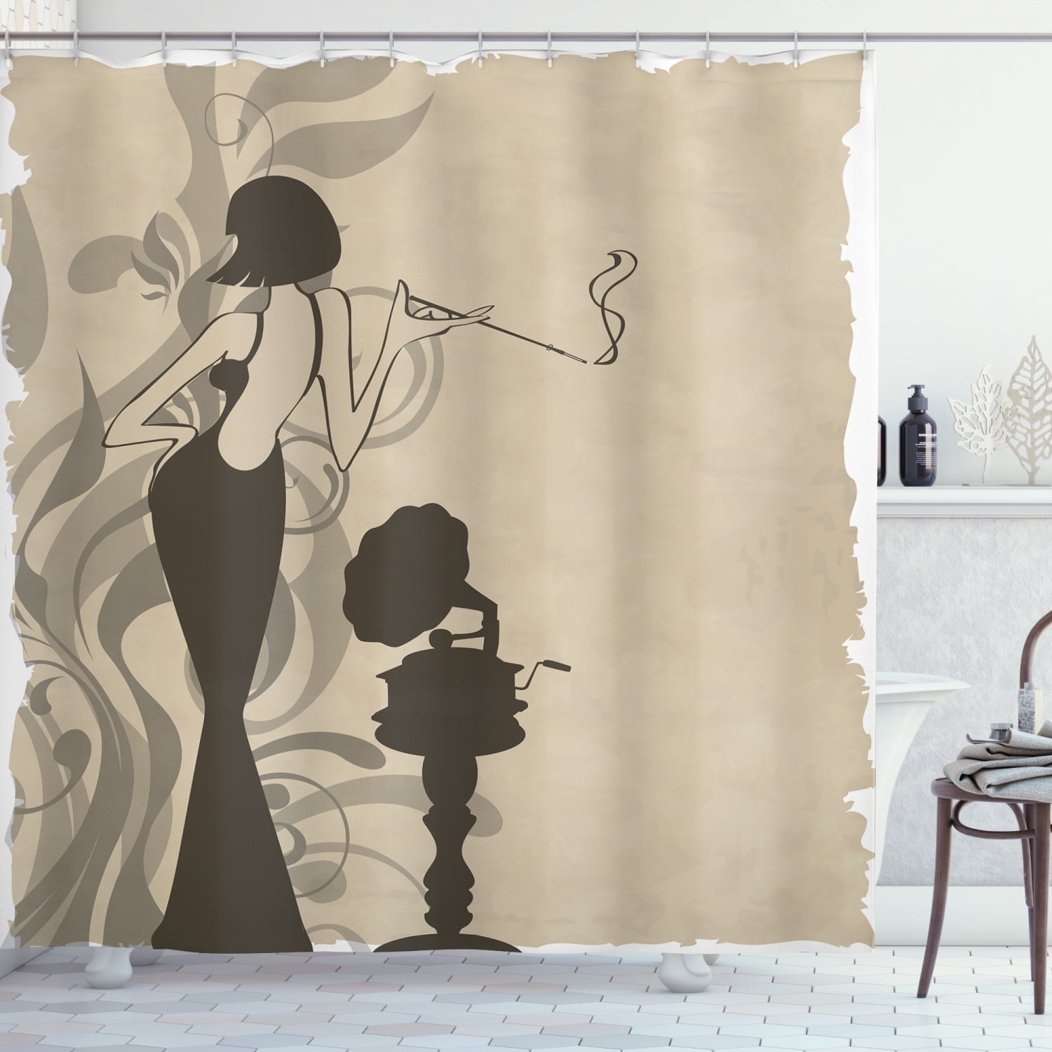 Vintage Woman Shower Curtain, Retro Girl Posing with Cigarette with Old ...