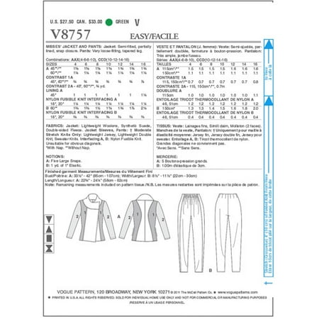 Vogue - Vogue Pattern Misses' Jacket and Pants, CCD (10, 12, 14, 16 ...