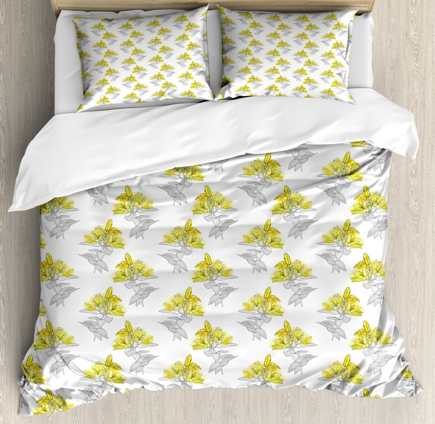 Floral Duvet Cover Set Queen Size, Sketch of Lily Flowers Gardening ...