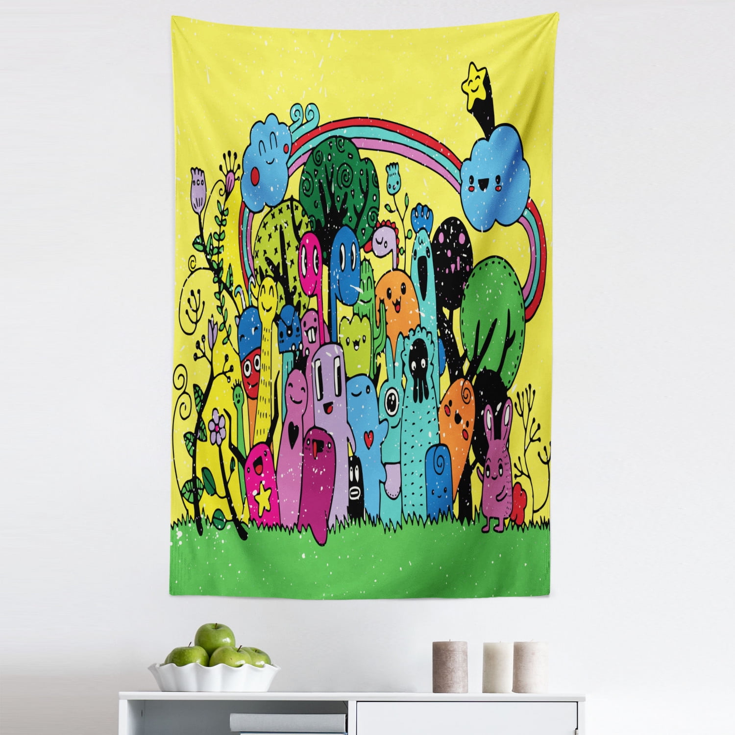 Indie Tapestry, Colorful Funny Hand Drawn Crazy Doodle Monsters in ...