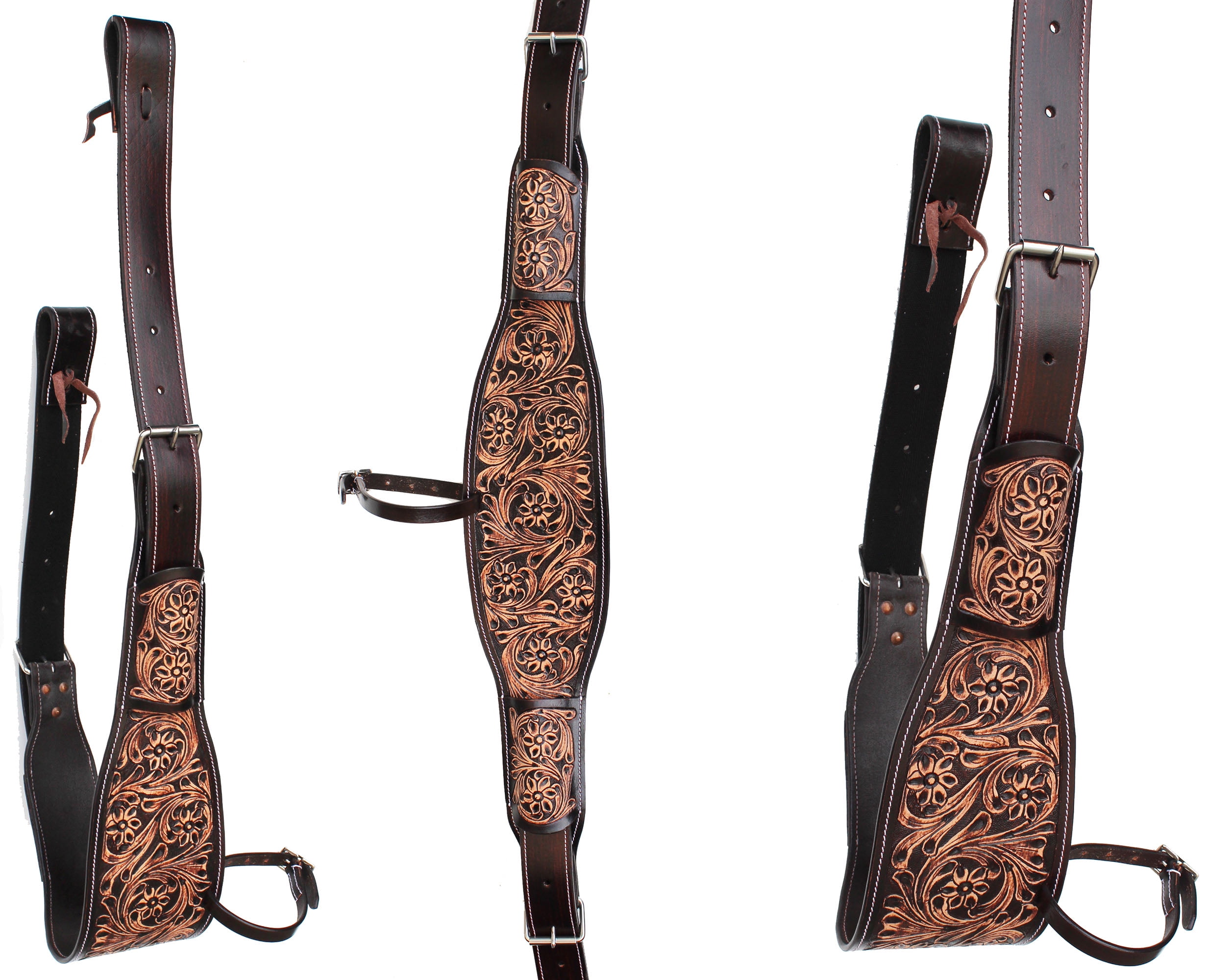 Horse Floral Tooled Dark Brown Leather Rear Flank Saddle Cinch Billets ...
