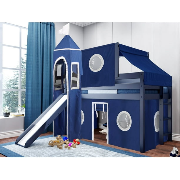 Jackpot Castle Low Loft Bed with Slide Blue & White Tent and Tower ...