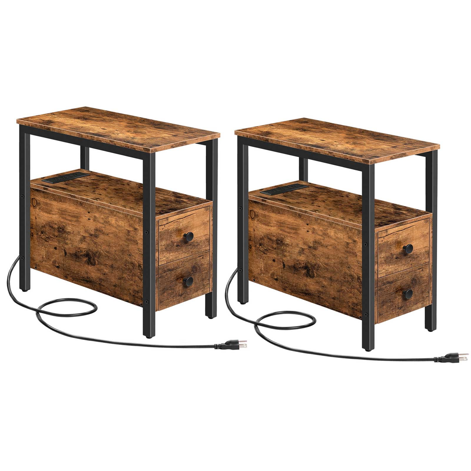 HOOBRO Set of 2 End Tables with Drawers & Power Outlets Living Room ...