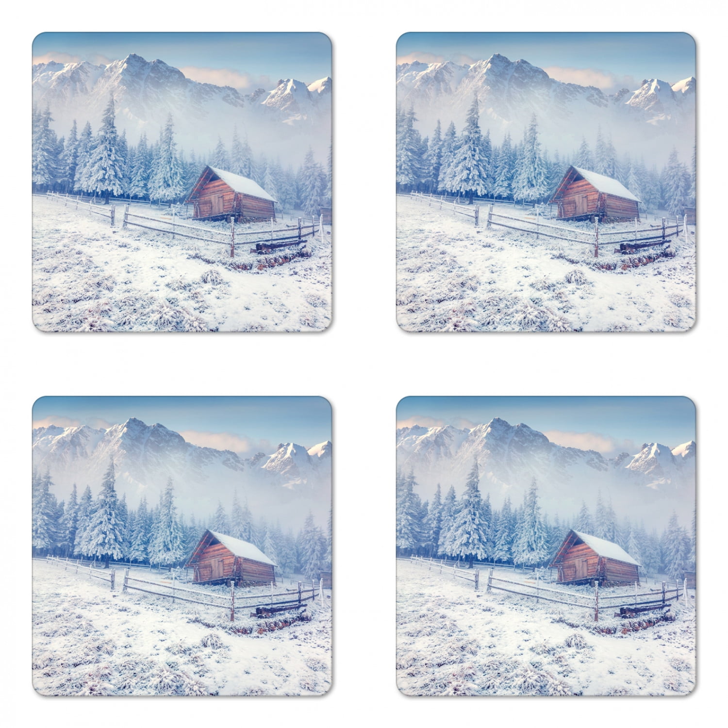 Winter Coaster Set of 4, Old Farmhouse in Snow Mountains and Frosted ...