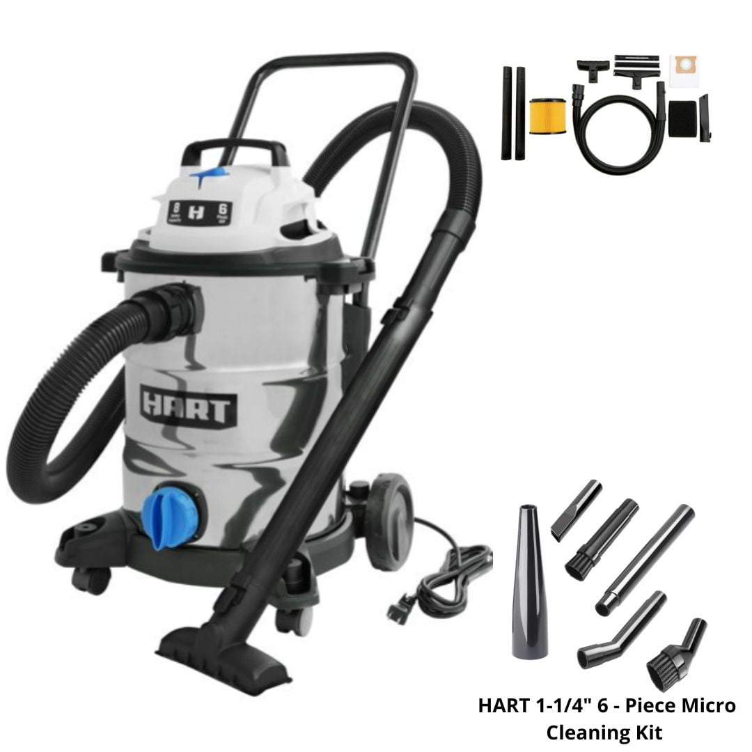HART 8 Gallon 6 Peak HP Stainless Steel Wet/Dry Vacuum With 6-16 Fine ...