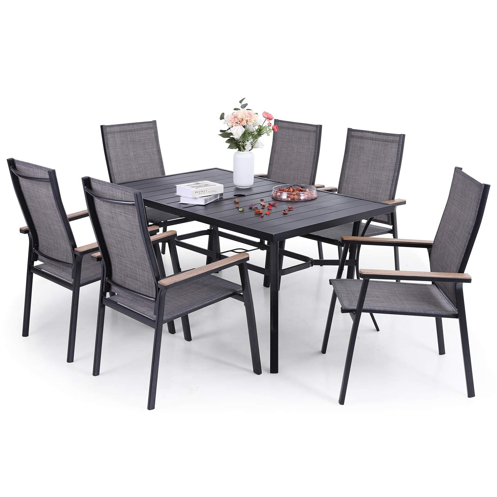 7 PCS Patio Dining Set, 6 x Aluminium Textilene Dining Chairs and 1 ...