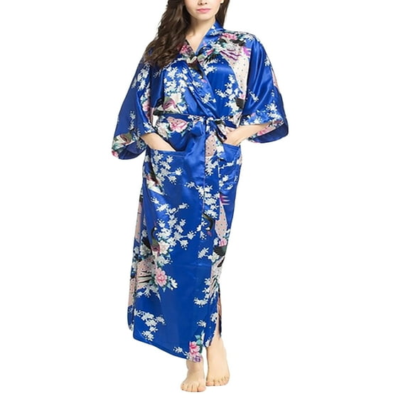 Elegant Long Floral Silk Kimono Womens Robe Small To 3xl Lightweight Robe