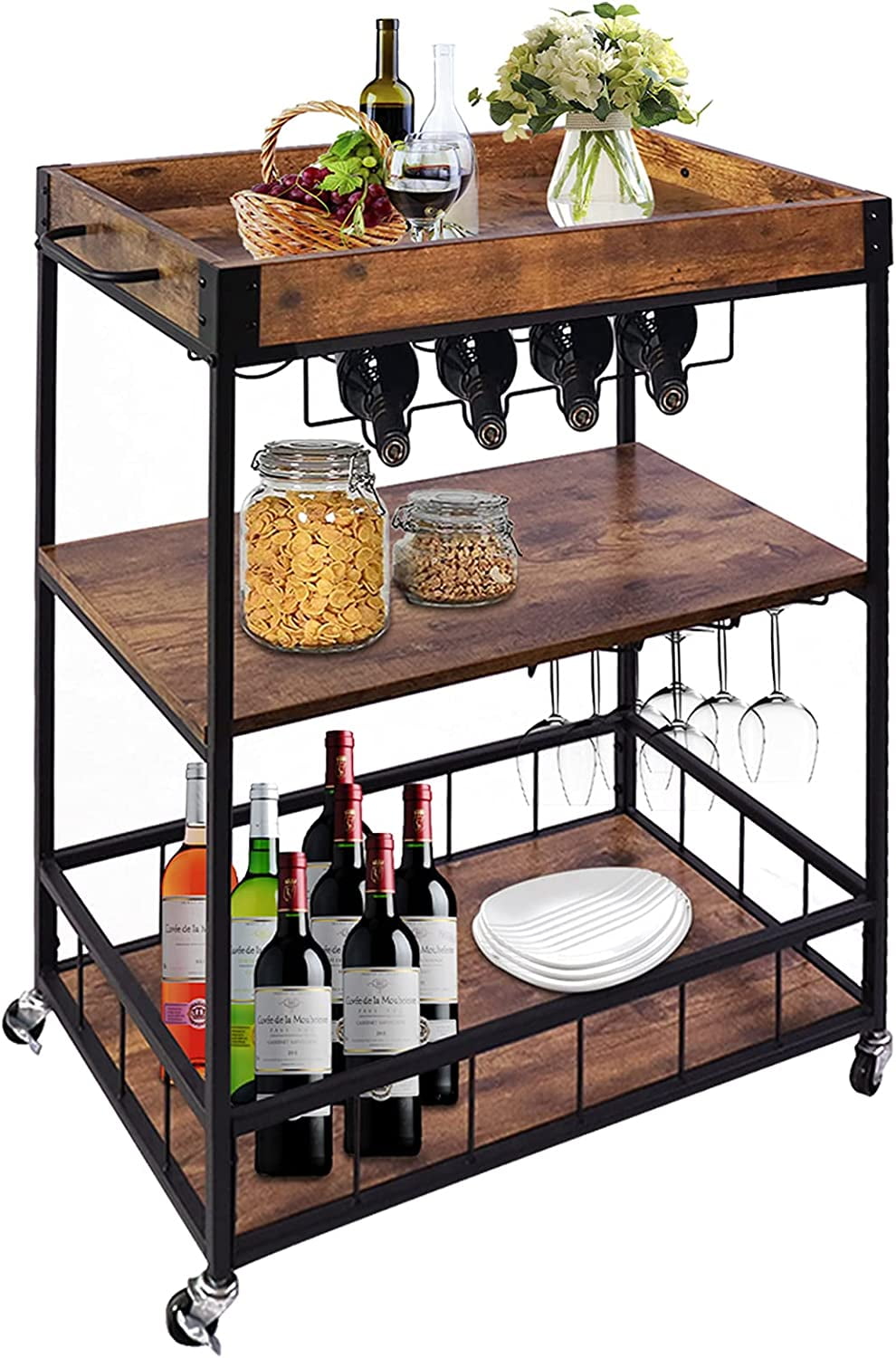 Bar Carts for Home,Bar Serving Cart 3-Tier Rustic Wood with Wine Rack ...