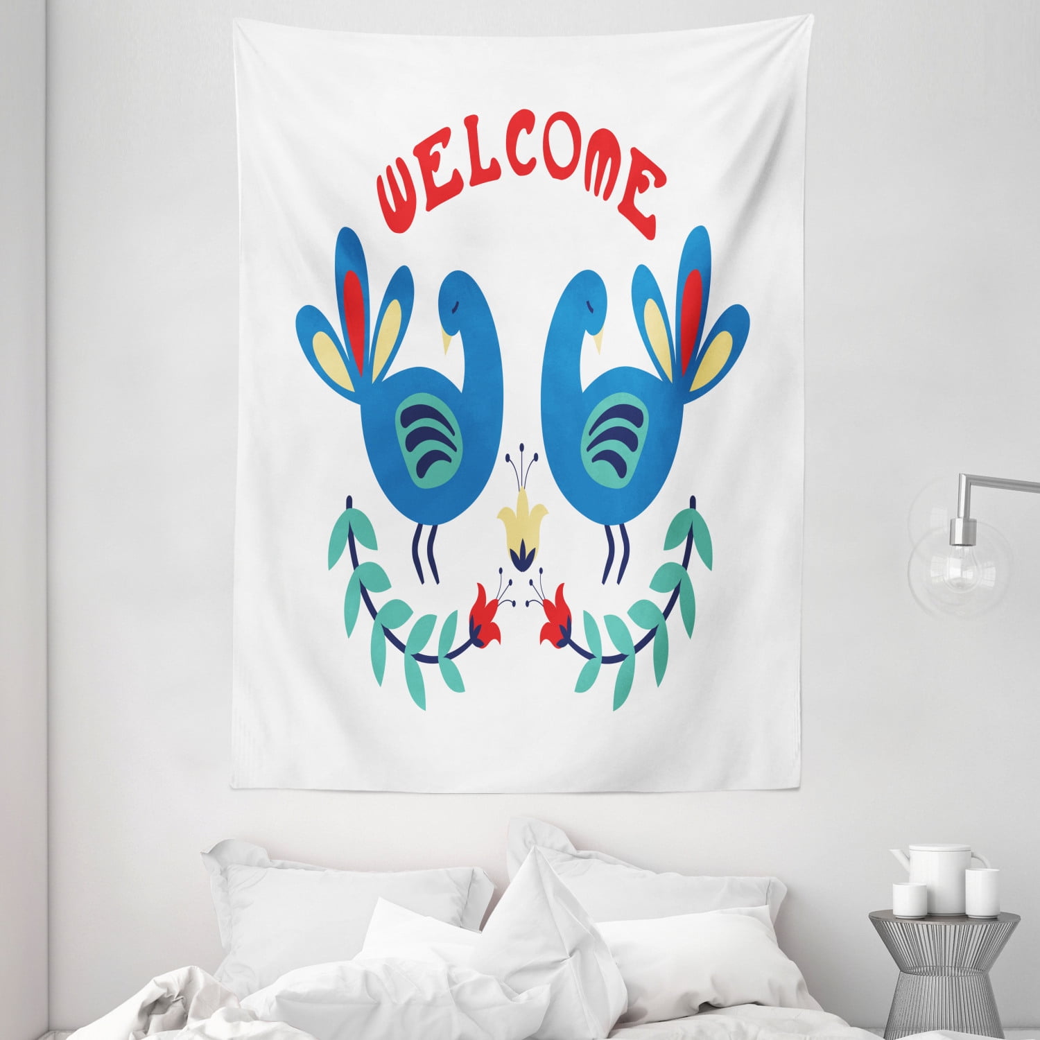 Folk Art Tapestry, Welcome Typography and Abstract Ethnic Ornate Birds ...