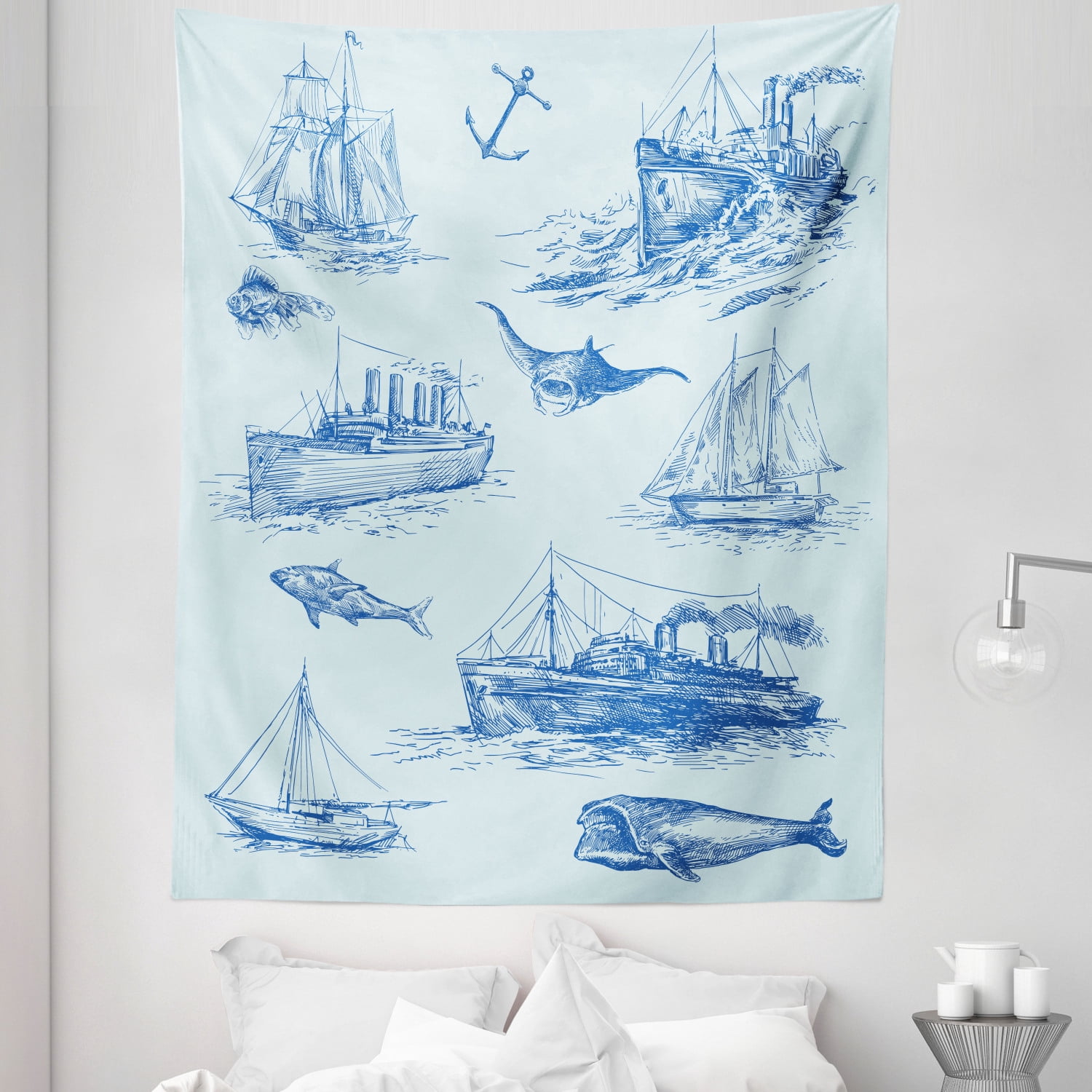 Nautical Tapestry, Nautical Underwater Wildlife Shark Boat Ships Navy ...