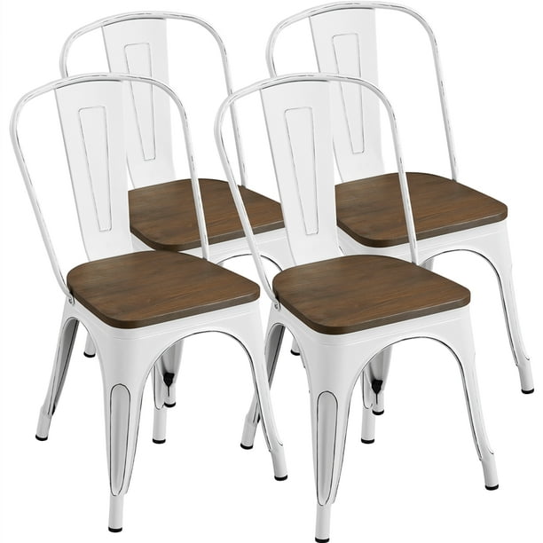 Alden Design Metal Stackable Dining Chairs with Wooden Seat, Set of 4 ...