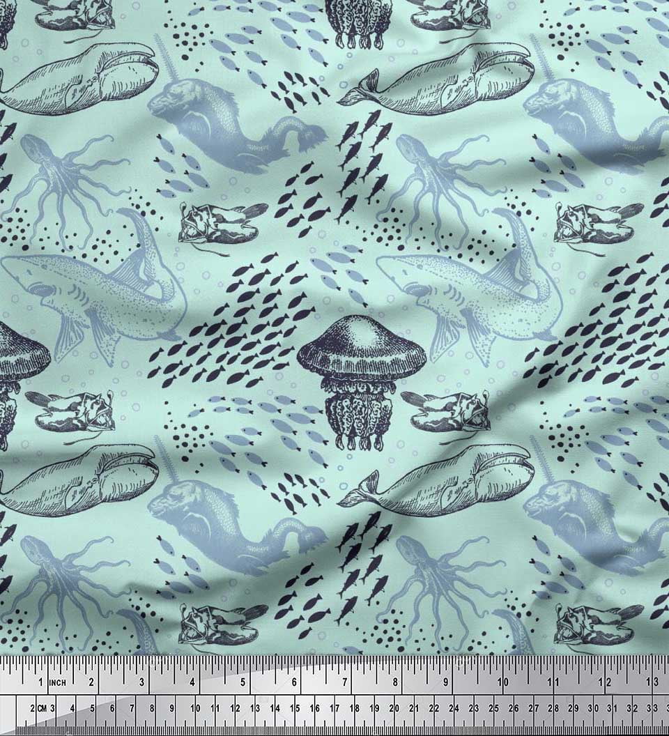Soimoi Cotton Poplin Fabric Octopus,Whale & Jellyfish Ocean Print ...