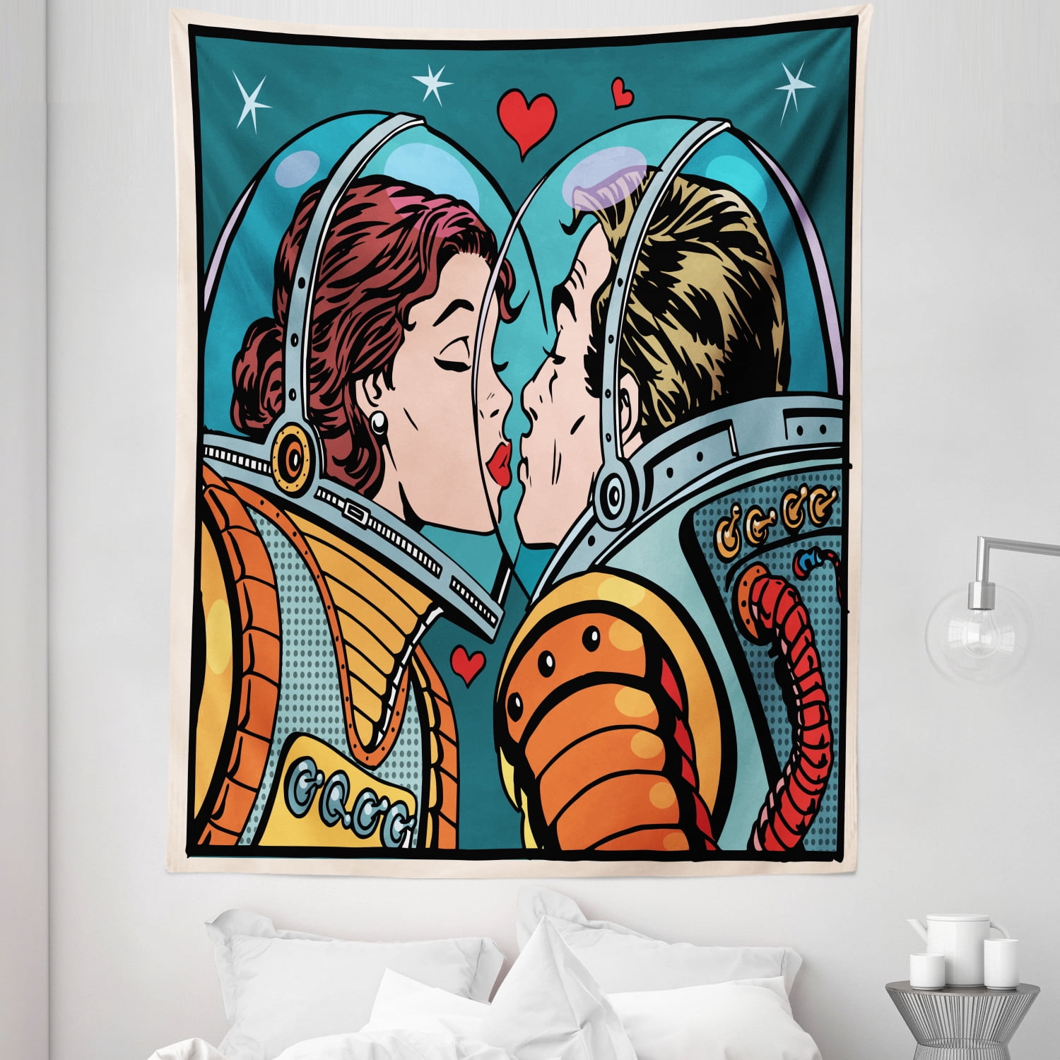 Colorful Tapestry, Space Man and Woman Astronauts Kissing Science ...