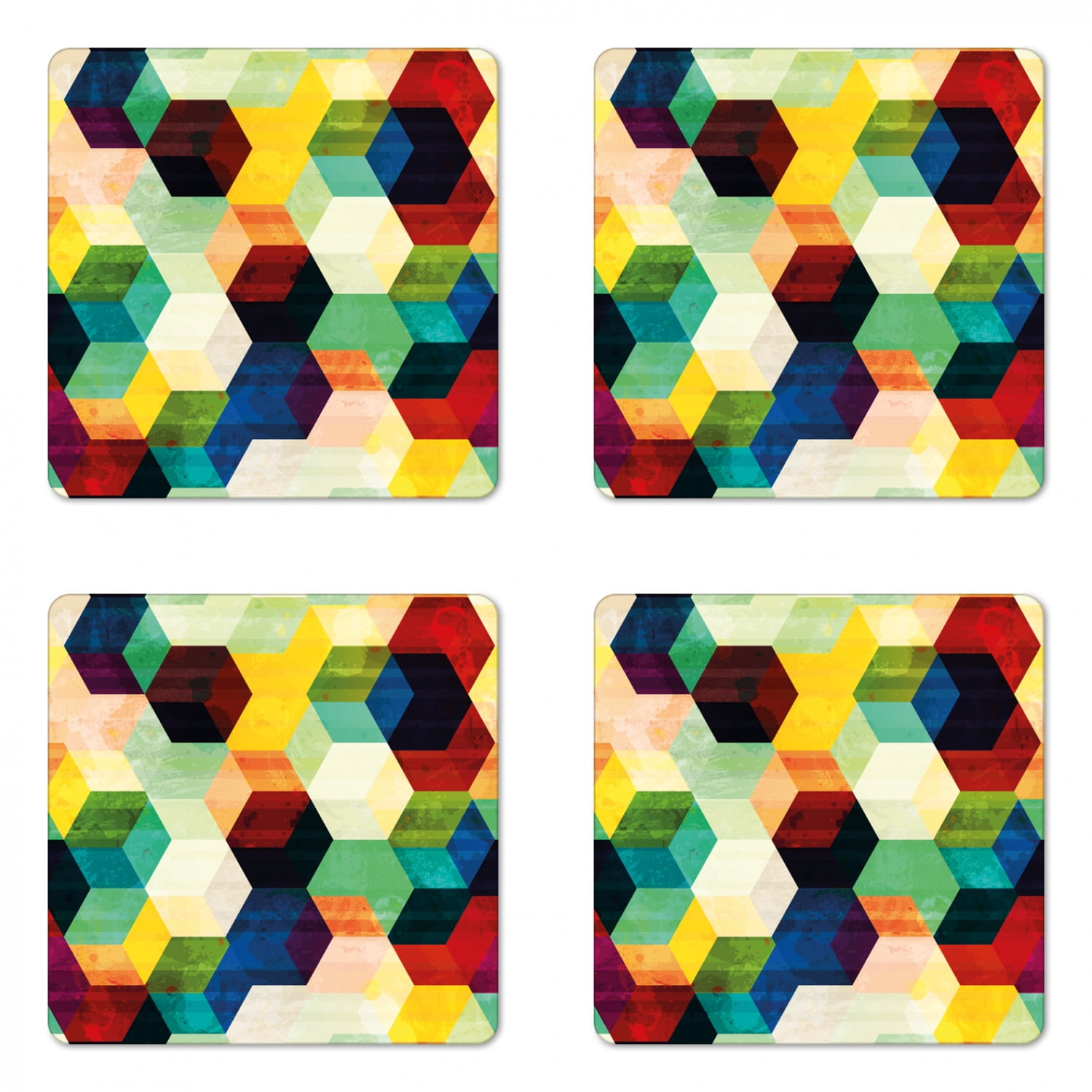 Vintage Coaster Set Of 4 Rhombus Pattern Grunge Effect Hexagonal Pattern Colorful Geometric