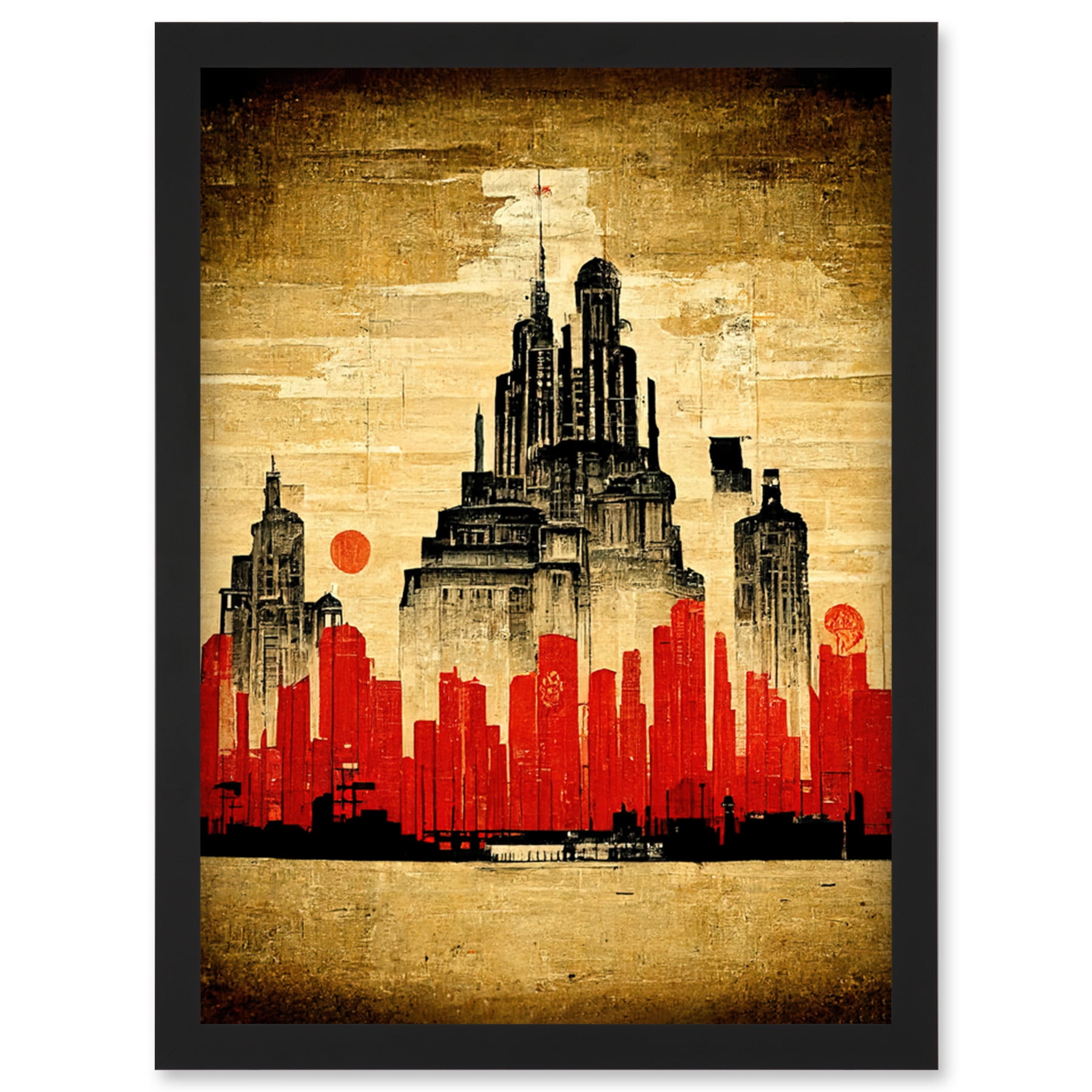 Dystopian Cityscape Skyline Colourblock Poster Artwork Framed Wall Art ...