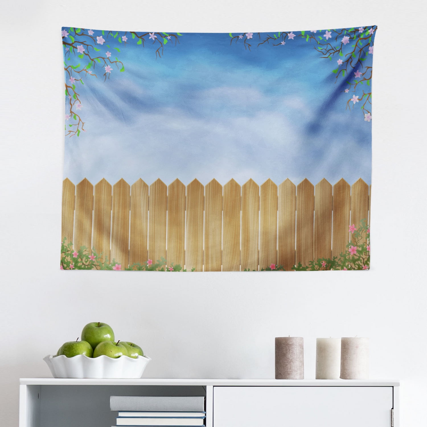 Farmland Tapestry, Border with Rooster Tree Butterfly and Flowers in ...