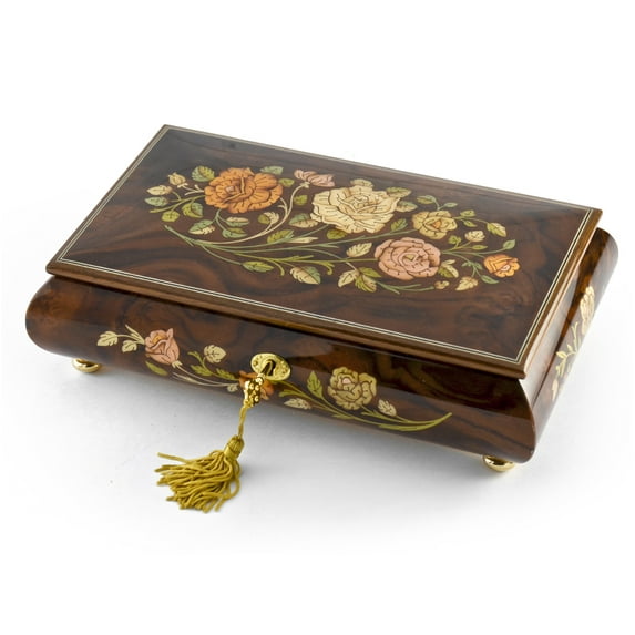 Handcrafted Walnut 36 Note Roses Inlay Musical Jewelry Box with Lock ...