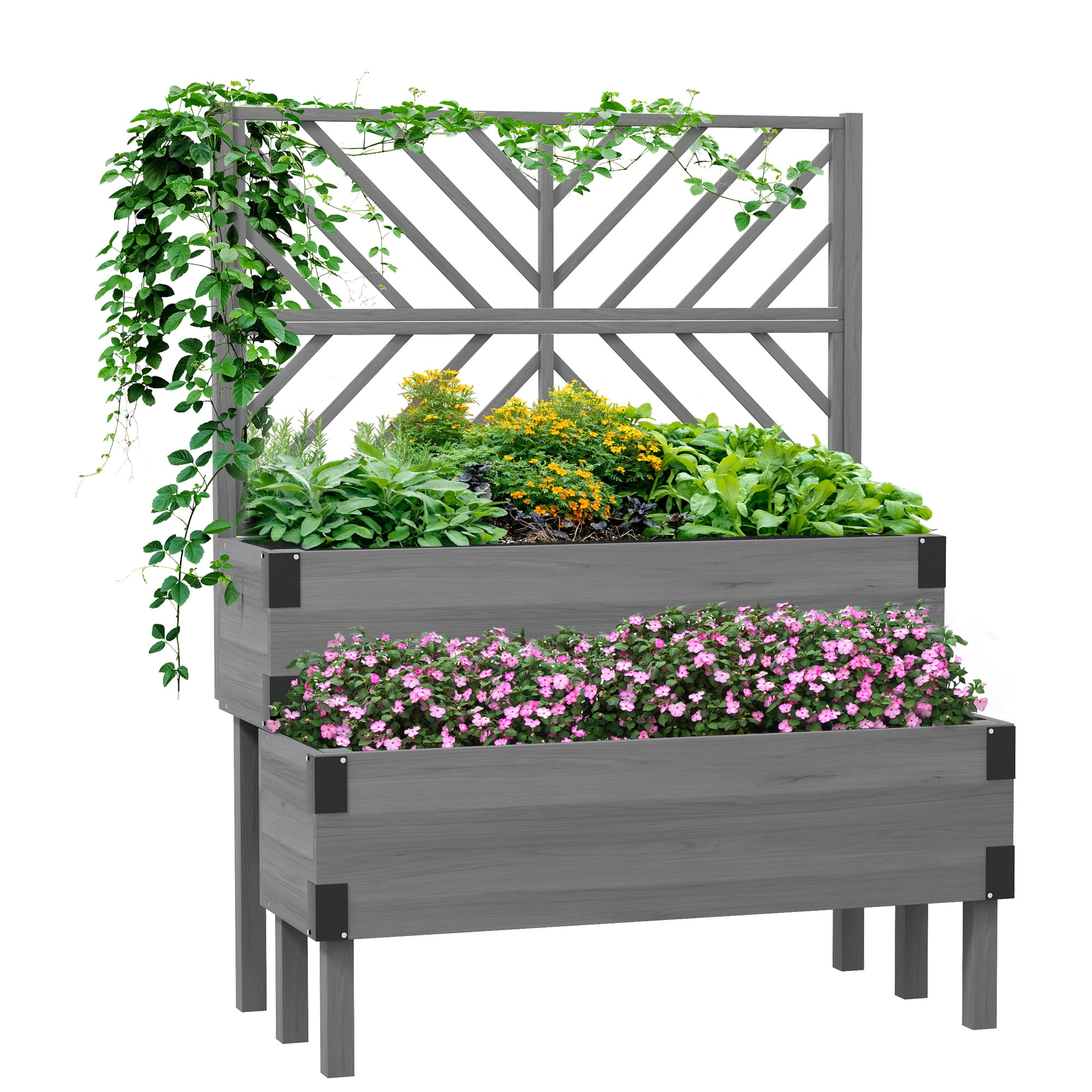 Click here for Outsunny 2 Tier Wooden Raised Bed W/ Trellis Eleva... prices