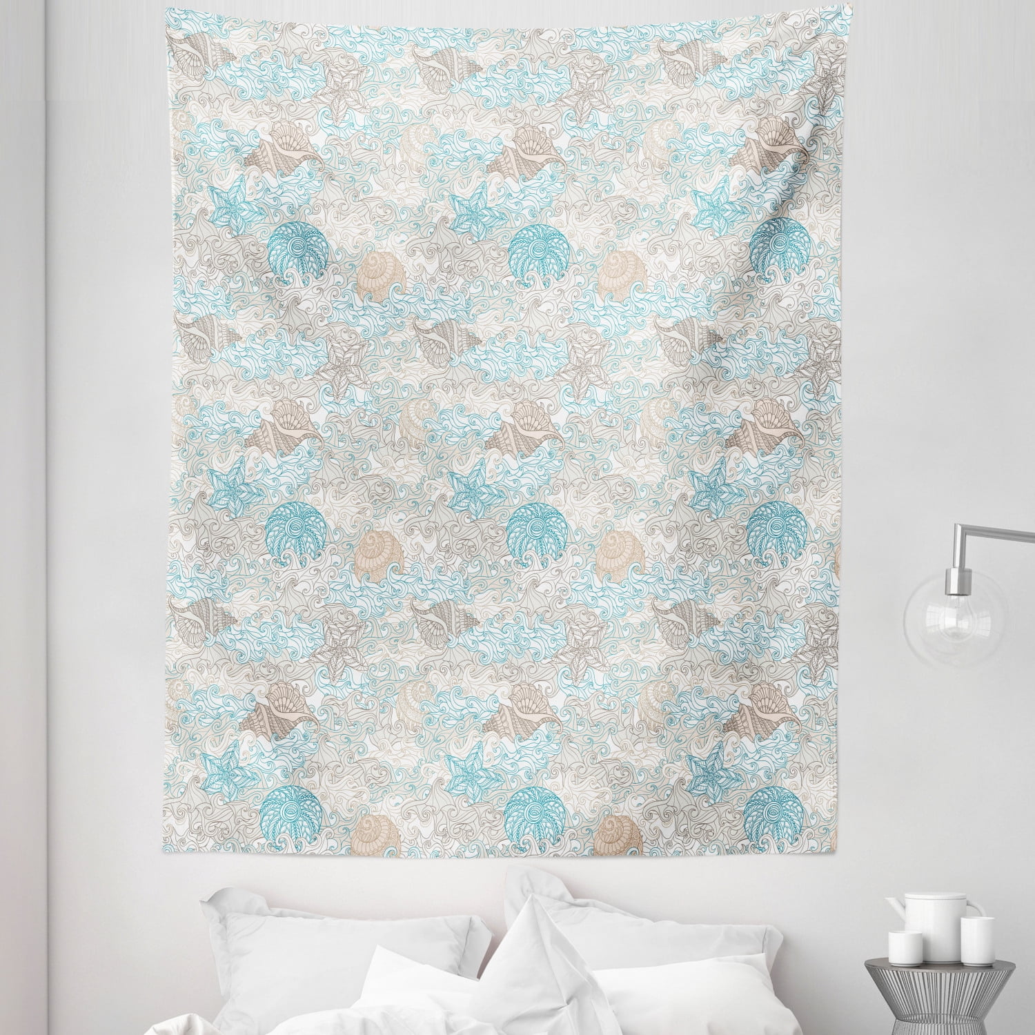 Nautical Tapestry, Pastel Toned Sea Shell Starfish Mollusk Seahorse ...