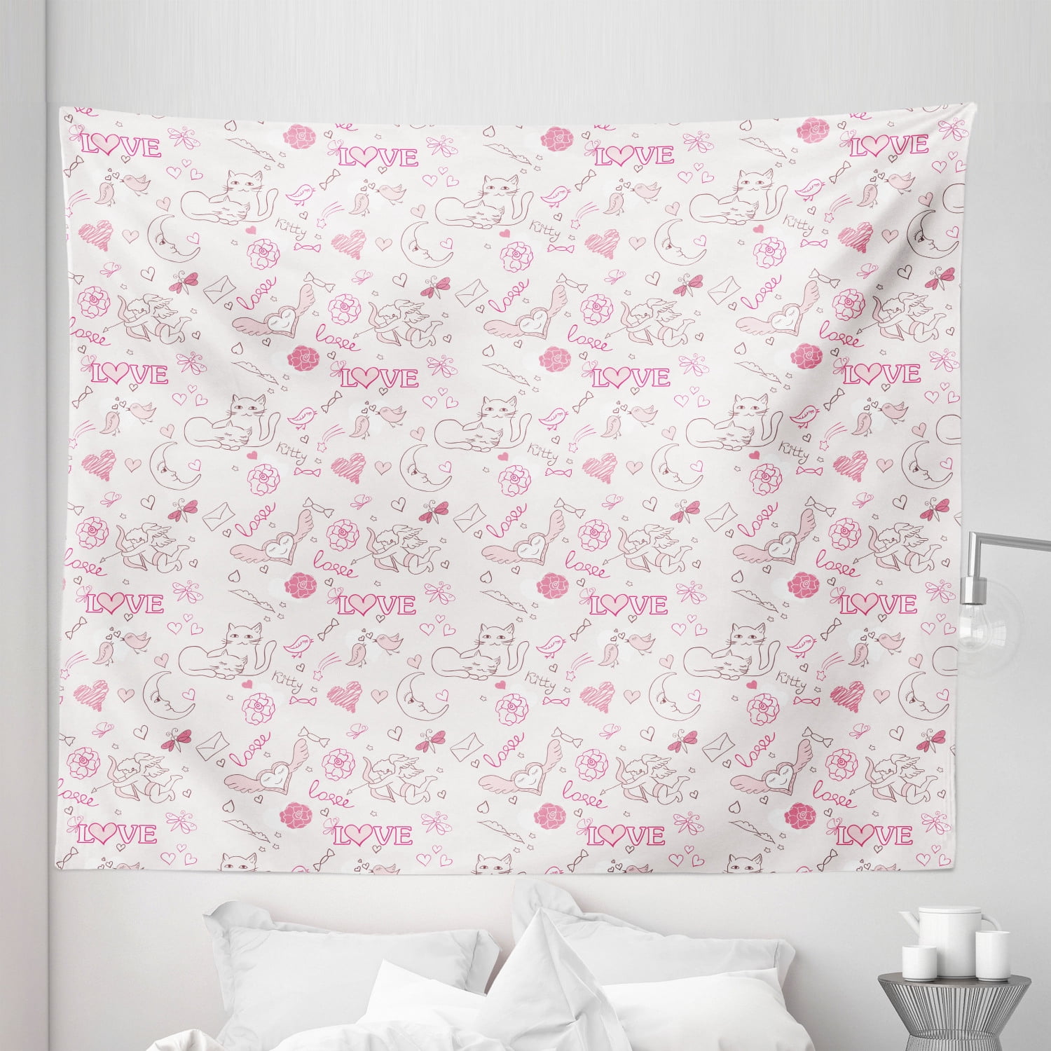 Love Tapestry, Hand Drawn Style Romantic Kissing Birds Eros Flower ...