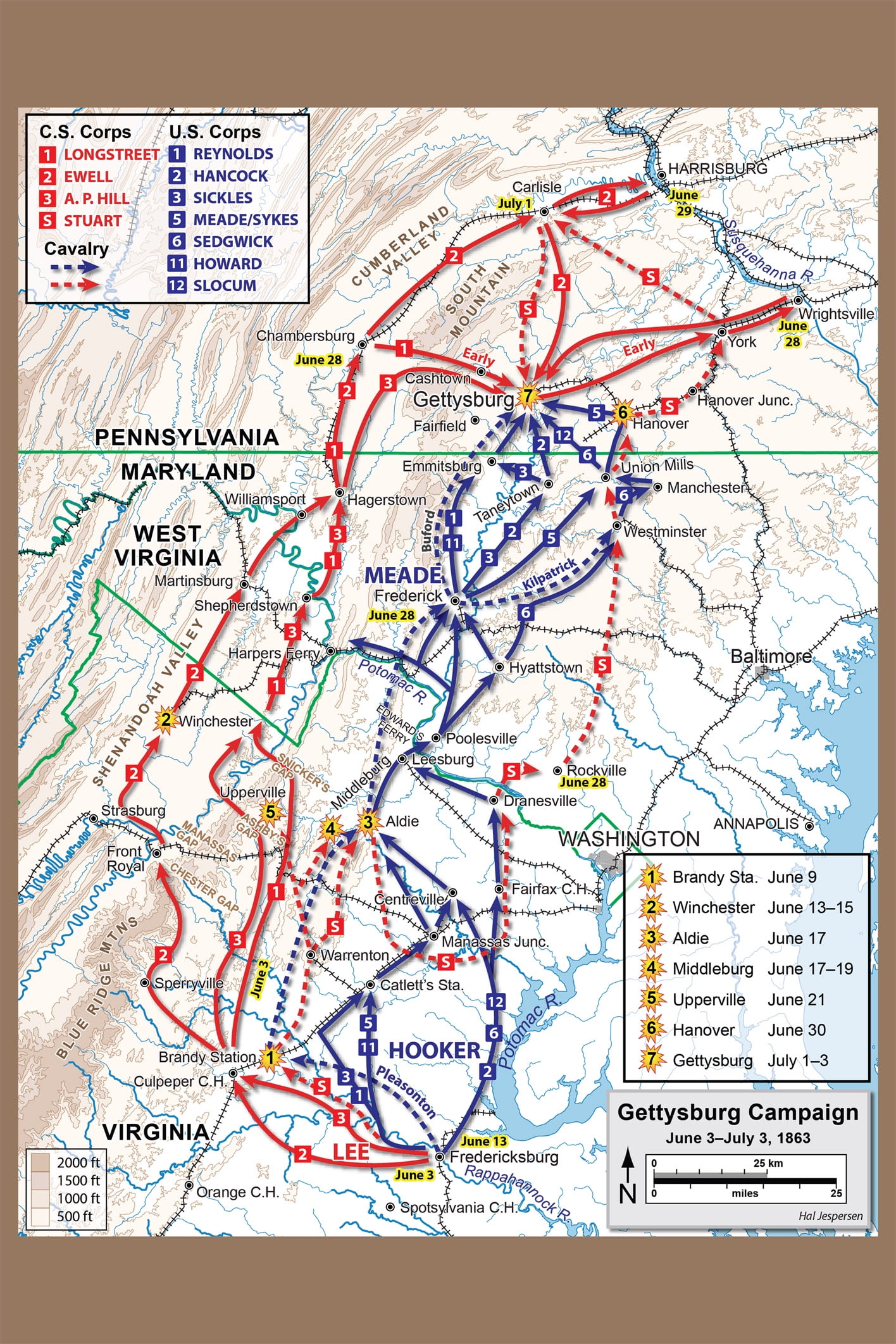 24x36 gallery poster, Map of Gettysburg Campaign (through July 3), Battle of Gettysburg ...