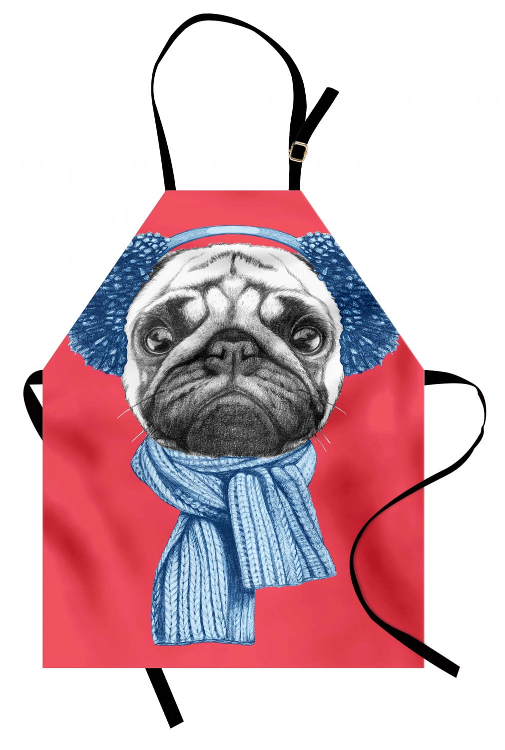 Pug Apron Detailed Dog Drawing with Scarf Earmuffs on Dark Coral ...