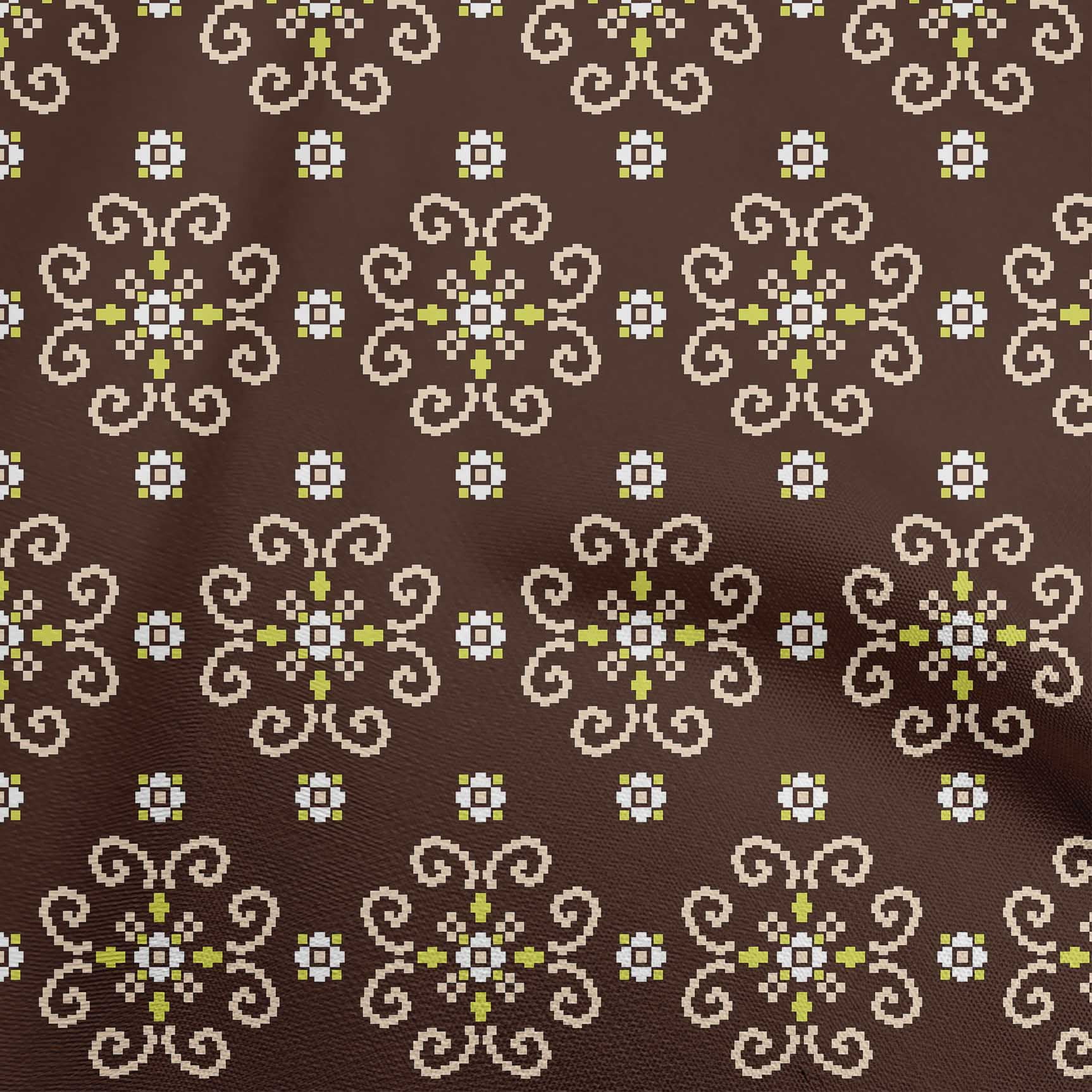 oneOone Cotton Silk Brown Fabric Geometric Fair Isle Pattern Sewing ...