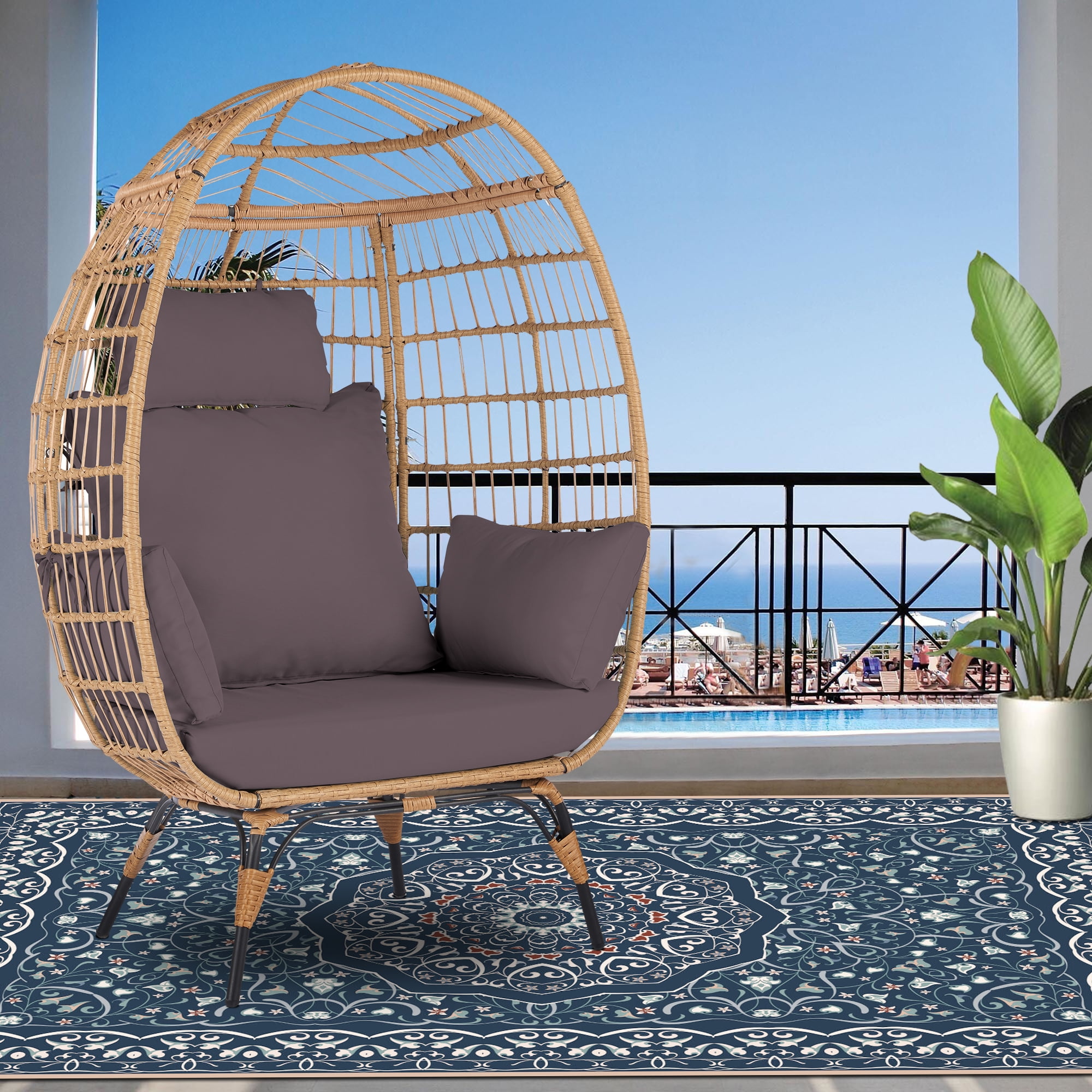 Outdoor Stationary Egg Chair, Wicker Egg Swing Chair with Dark Gray ...