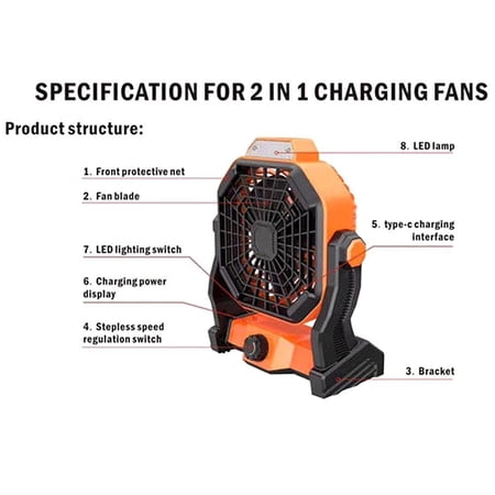 2 in 1 Camping Fan Table Fan with LED Light 270° Rotation Quiet Fan ...