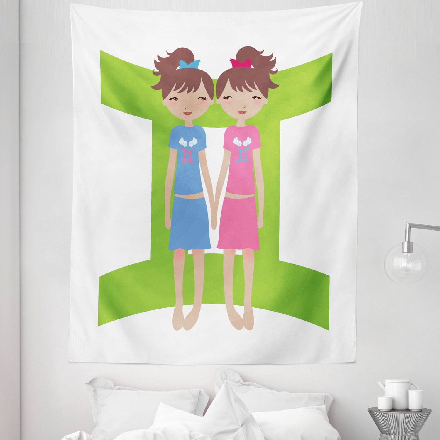 Zodiac Gemini Tapestry, Green Sign Background with Twin Girl Cartoon ...