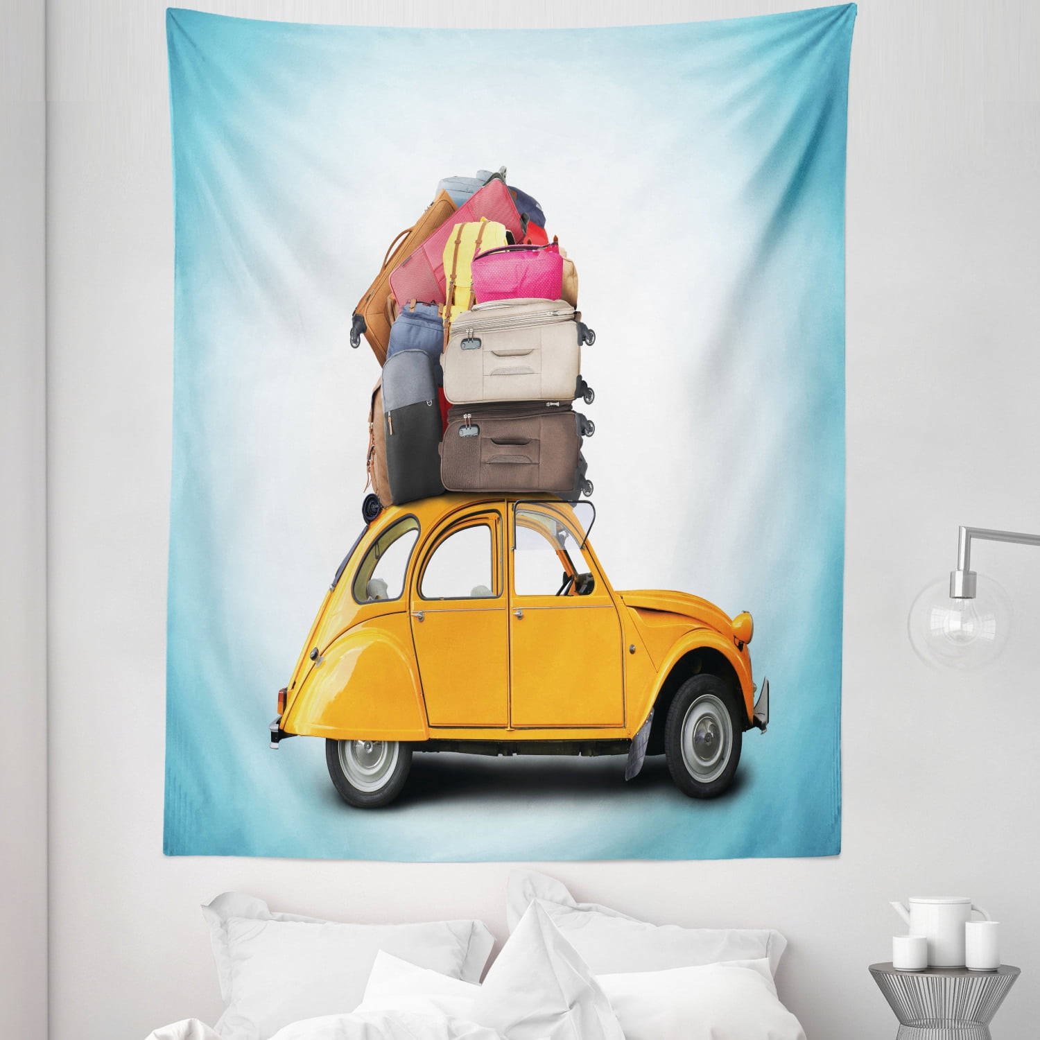 Travel Tapestry, Old Fashioned Car Auto with Bunch of Luggage on the ...