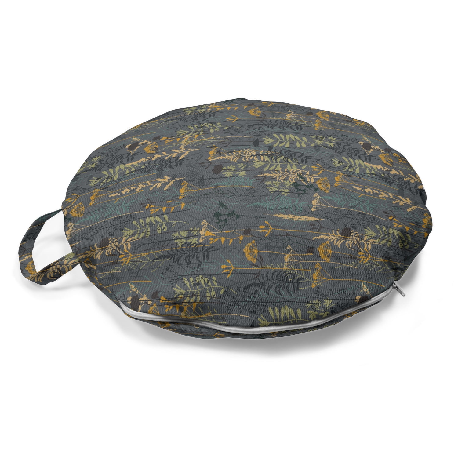 Botanical Round Floor Cushion with Handle, Floral Forest Theme Along ...
