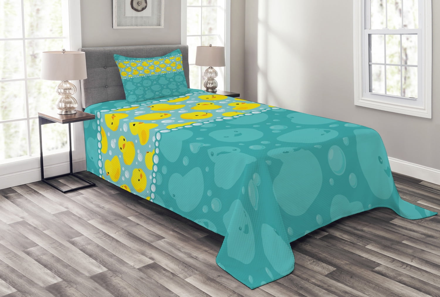 Rubber Duck Bedspread Set Twin Size Yellow Cartoon Duckies Swimming In