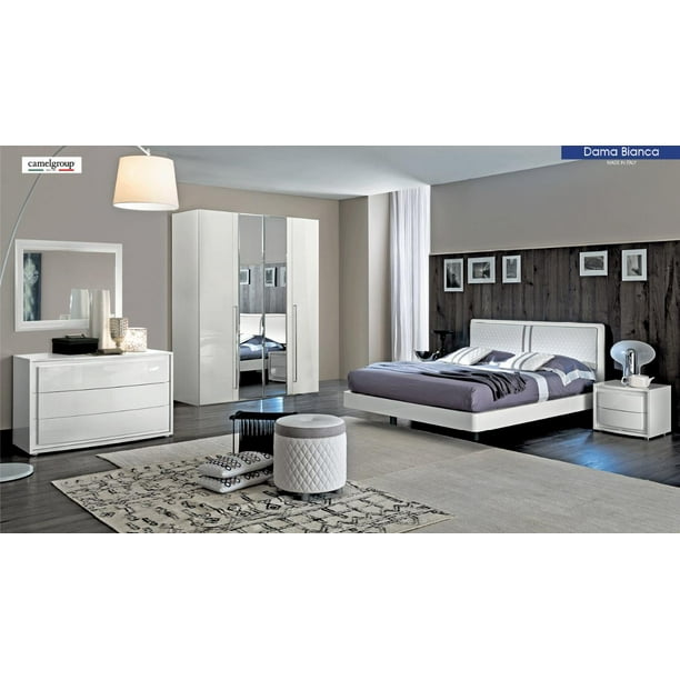 Glossy White Leather Queen Bedroom Set 5 Modern Made In Italy ESF Dama Bianca - Walmart.com